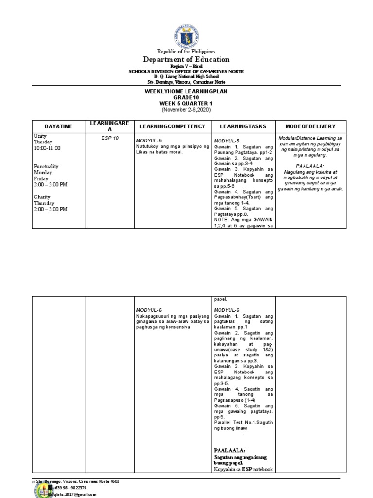 Weekly-Learning-Plan - Esp Week 5-6 Module 5-8. | PDF