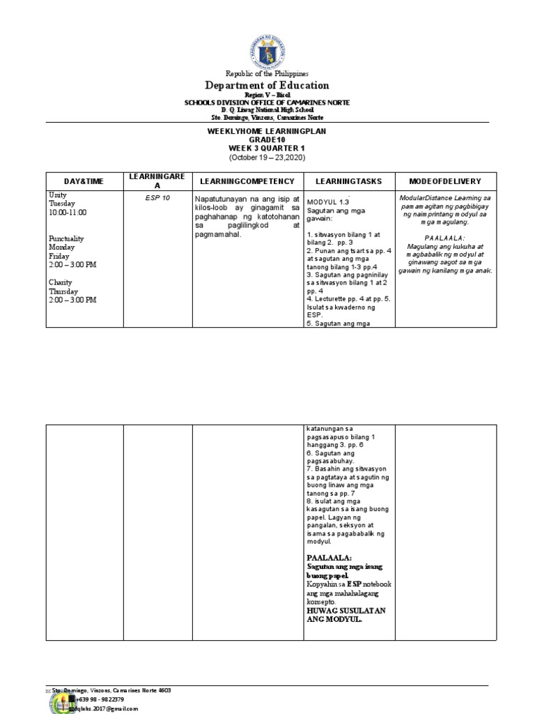 Weekly-Learning-Plan - Esp Week 3 Module 1.3 | PDF