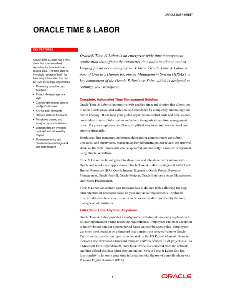 Oracle Time and Labor - Data Sheet | Oracle Database | Oracle Corporation