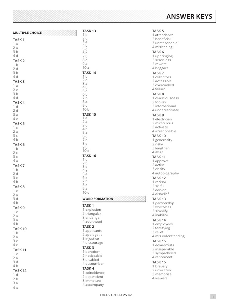 Answer Keys: Focus On Exams B2 | PDF