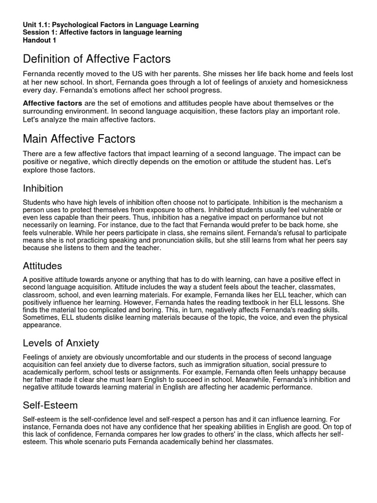 Definition of Affective Factors: Inhibition | PDF | Self Esteem ...