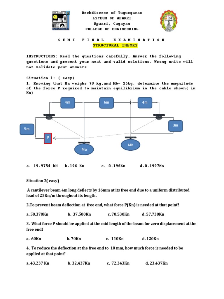 Structural Theory Exam Questions | PDF | Force | Beam (Structure)