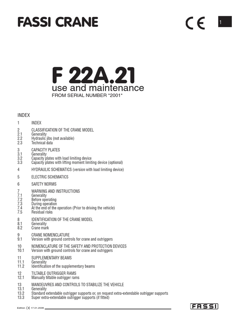 Operation and Maintenance Manual for a Fassi Crane Model F 22A.21 | PDF ...