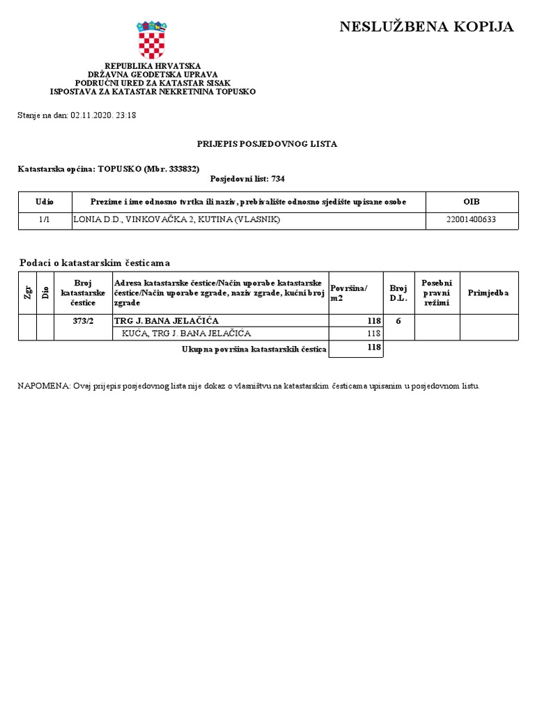 Prijepis Posjedovnog Lista | PDF