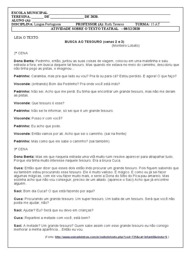 15AT Atividade Sobre Texto Teatral 08-12 | PDF