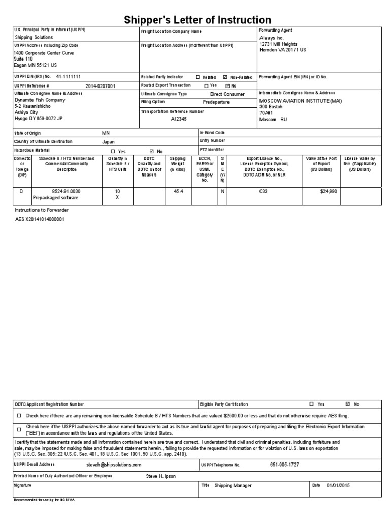 Shipper's Letter of Instruction: Instructions To Forwarder | PDF | U.S ...