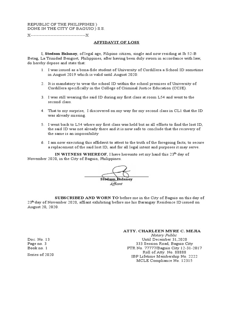 Affidavit of Loss | PDF | Affidavit | Comparative Law