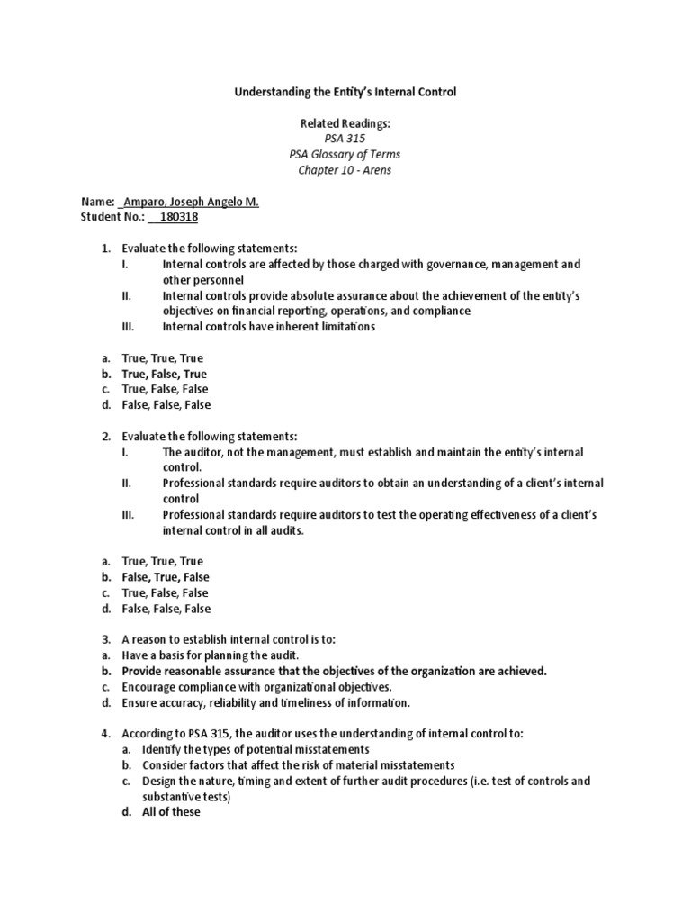 Understanding The Entity's Internal Control: PSA 315 PSA Glossary of ...