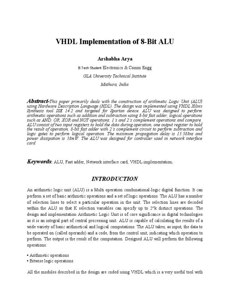 VHDL Implementation of 8-Bit ALU: Arshabha Arya | PDF | Vhdl | Central ...