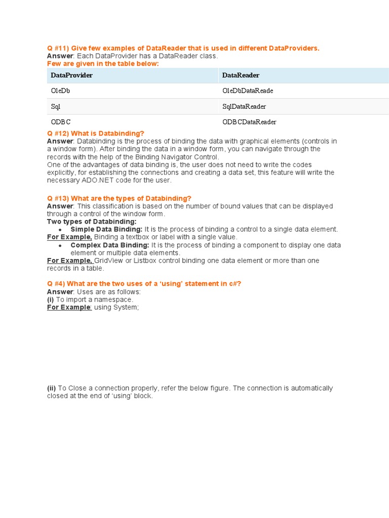 Dataprovider Datareader Oledb Oledbdatareade Sql Sqldatareader Odbc Odbcdatareader Pdf 