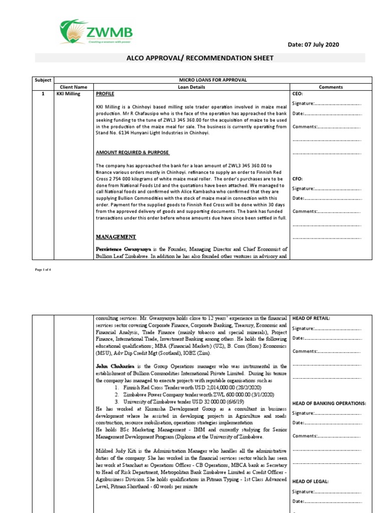 Alco Approval/ Recommendation Sheet: Date: 07 July 2020 | PDF | Loans ...