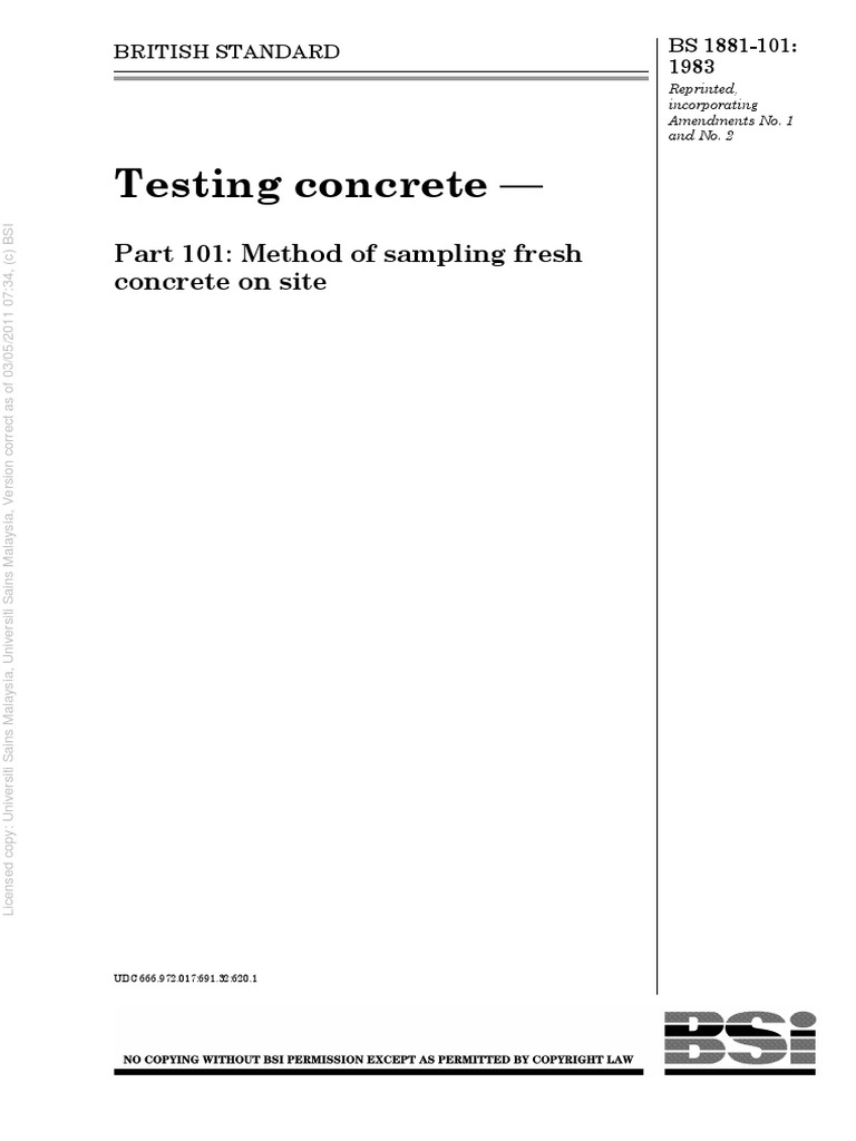 BS 1881 101 1983 Testing Concrete. Method of Sampling Fresh Concrete On ...