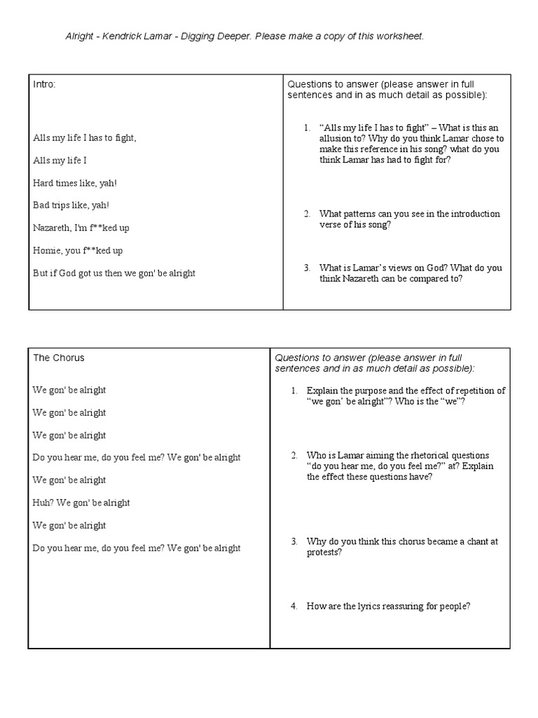 Alright - Kendrick Lamar - Digging Deeper. Please Make A Copy of This ...