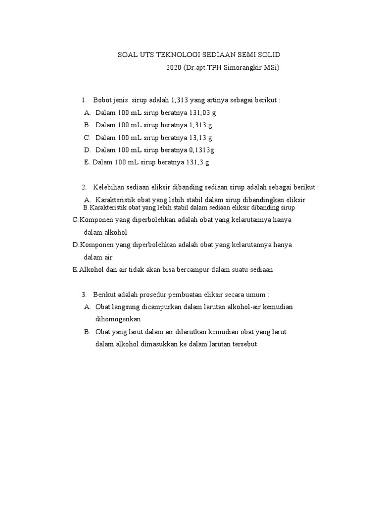 Soal UTS Teknologi Sediaan Semi Solid 2020 | PDF