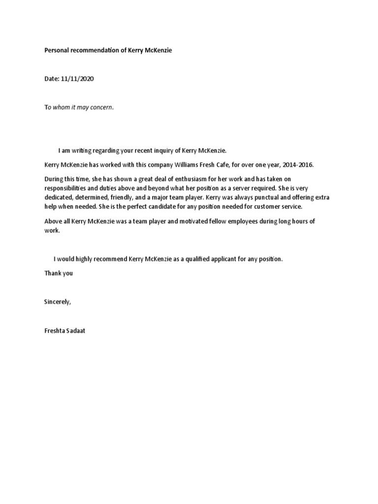 Busi1060 Recommendation Letter Draft | PDF