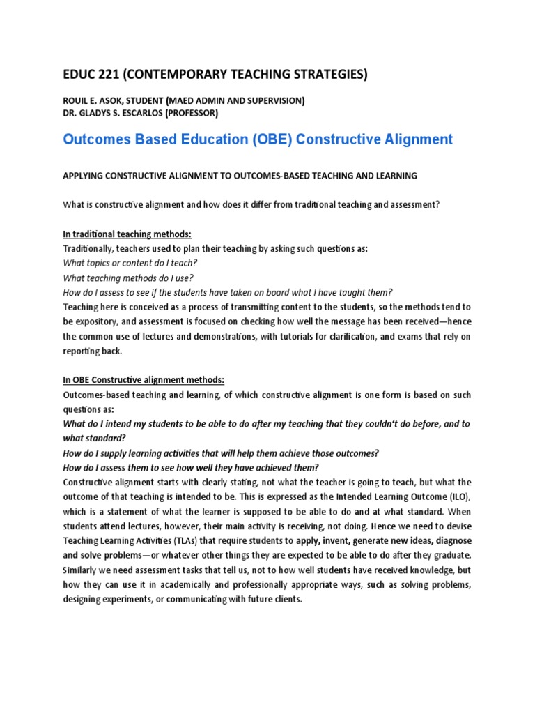 Outcomes Based Education (OBE) Constructive Alignment: Educ 221 (Contemporary Teaching ...