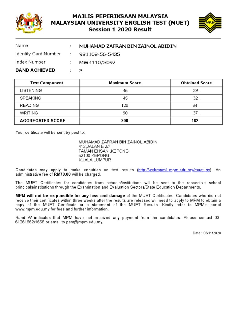 MUET Result Session1 2020 PDF | PDF