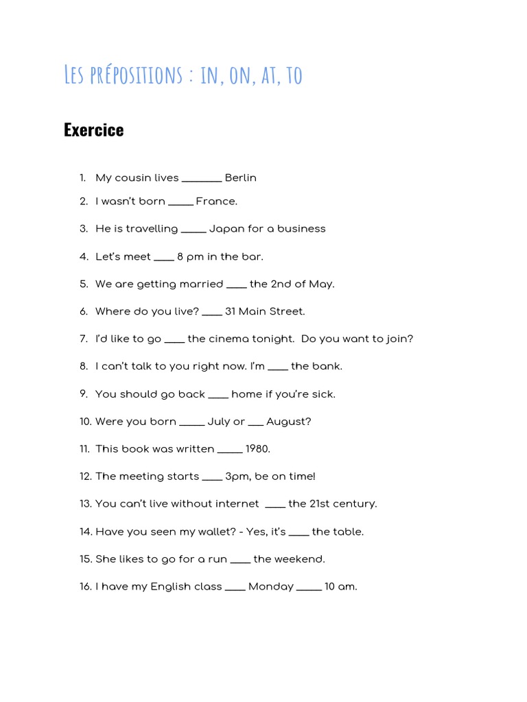 Les Prépositions: In, On, At, To: Exercice | PDF | Language Arts ...