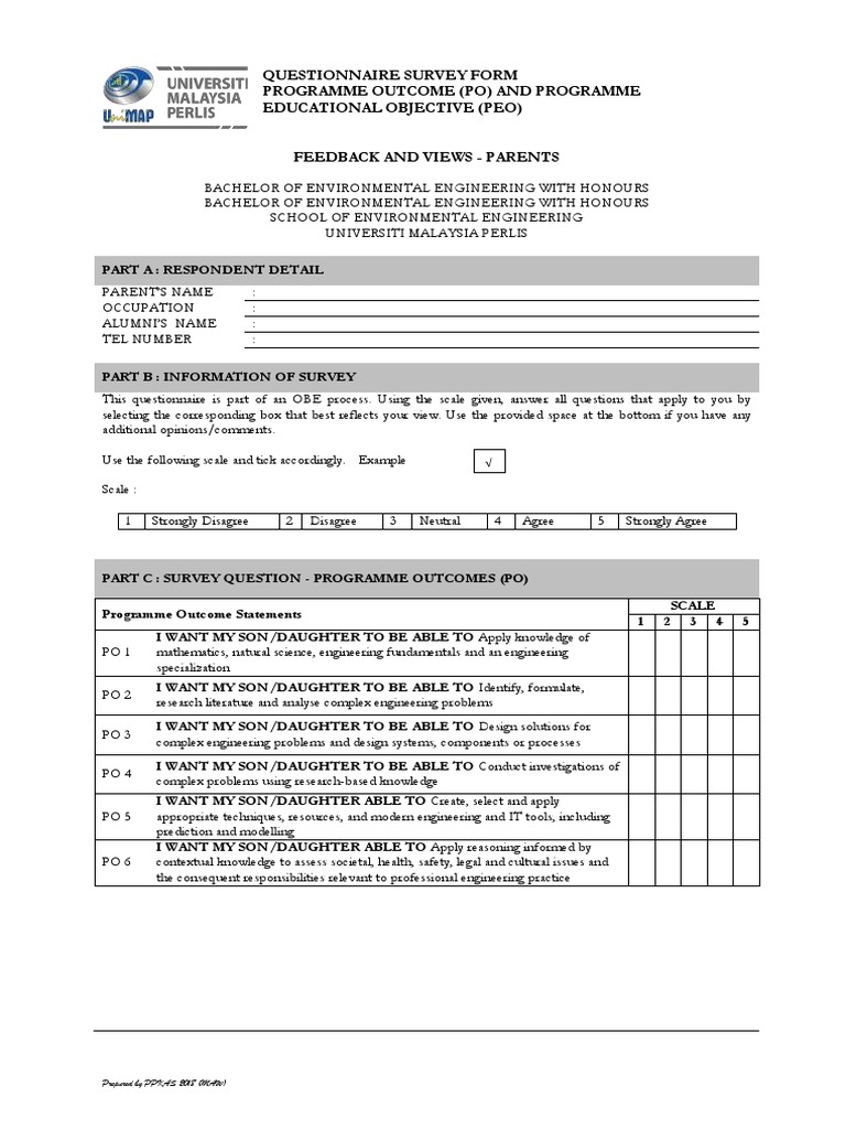 QUESTIONNAIRE SURVEY FORM PO PEO PARENTS Ver 2.0 | PDF | Questionnaire ...