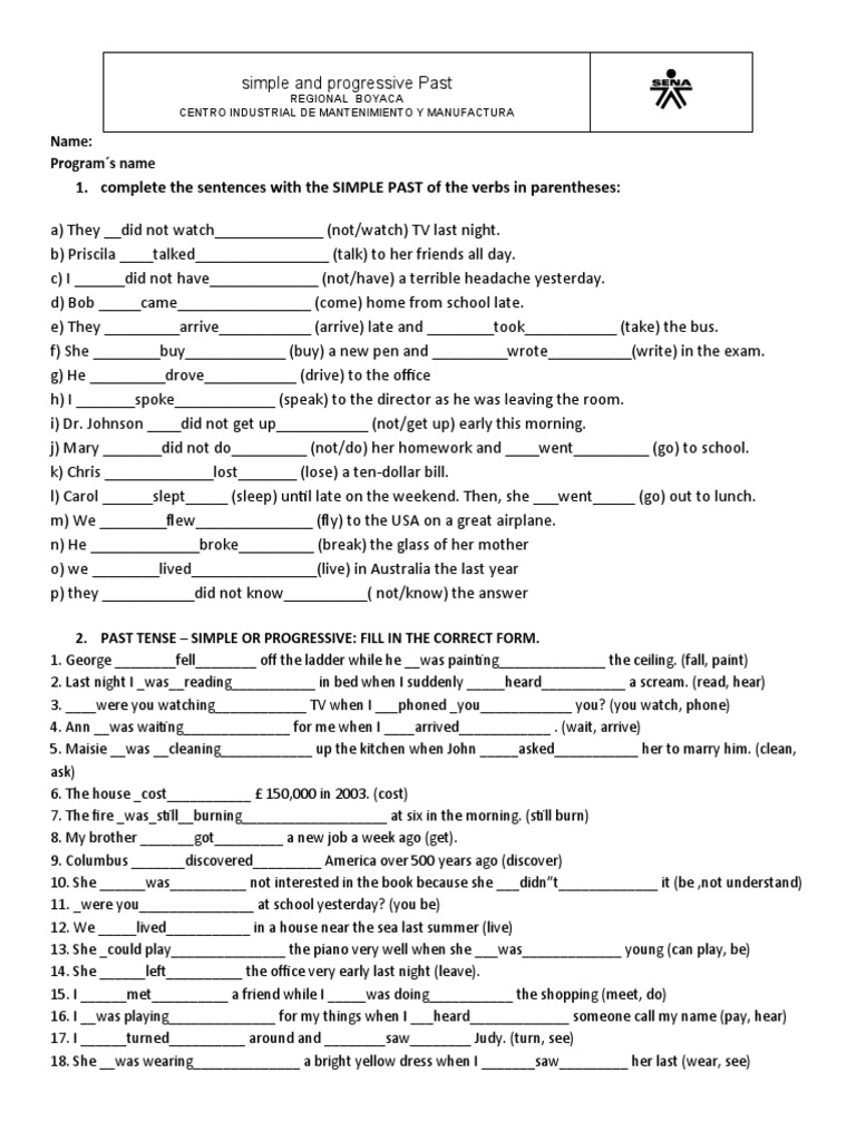 Complete The Sentences With The SIMPLE PAST of The Verbs in Parentheses ...