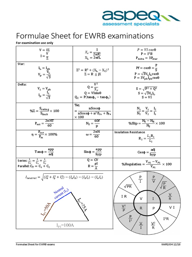 Formulae Sheet For EWRB Examinations: For Examination Use Only | PDF