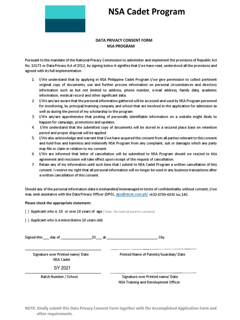 DATA PRIVACY CONSENT FORM - NSA Final - v2-1 | PDF | National Security ...