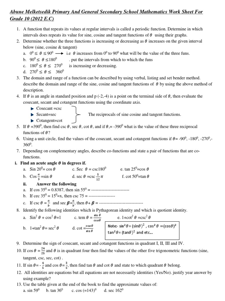 Mathematics G-10 WorkSheet PDF | PDF | Trigonometric Functions | Sine