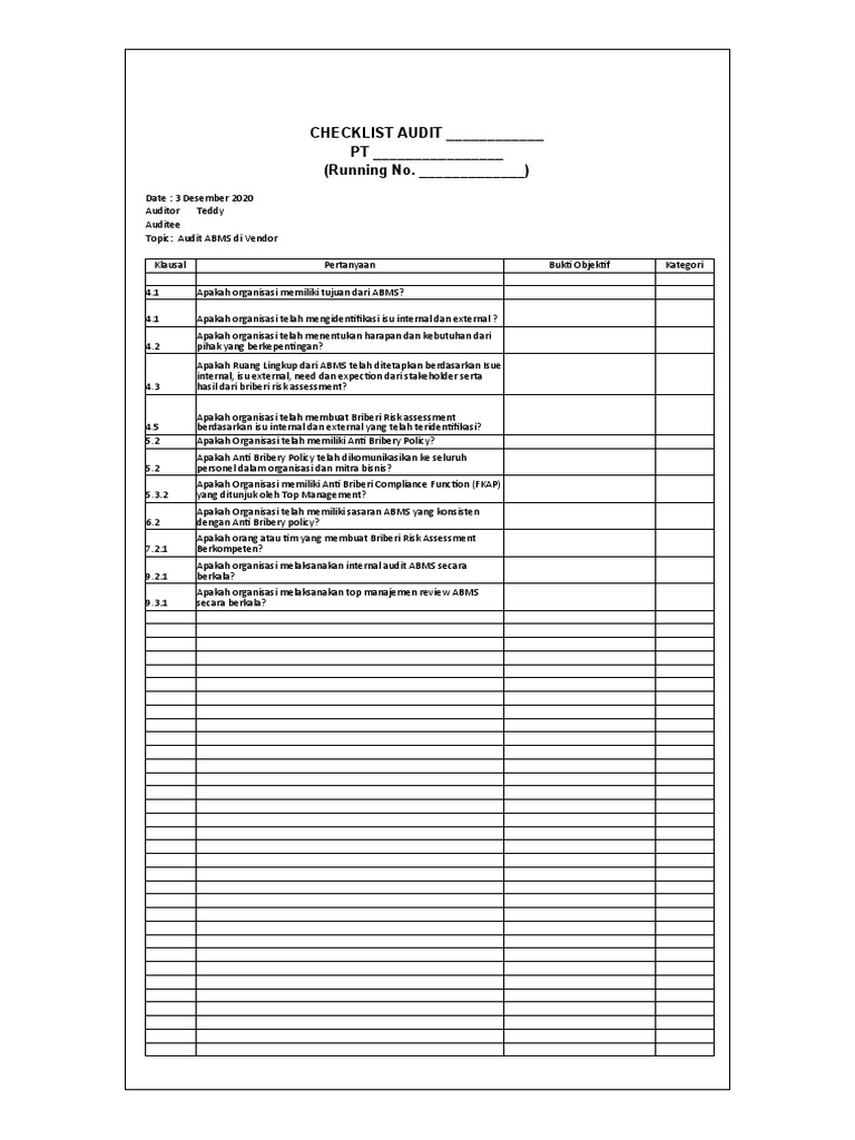 Audit ABMS Vendor dan Checklist ISO 37001 | PDF | Bisnis