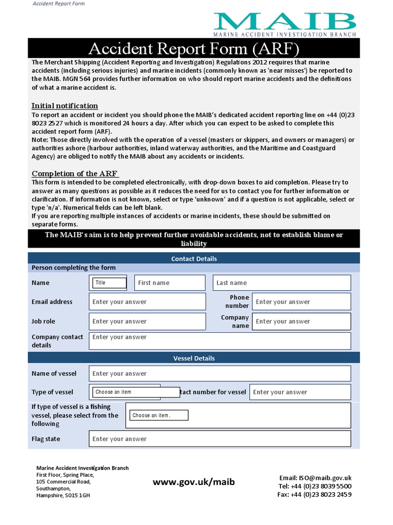 Accident Report Form (ARF) : Initial Notification | PDF | Water ...