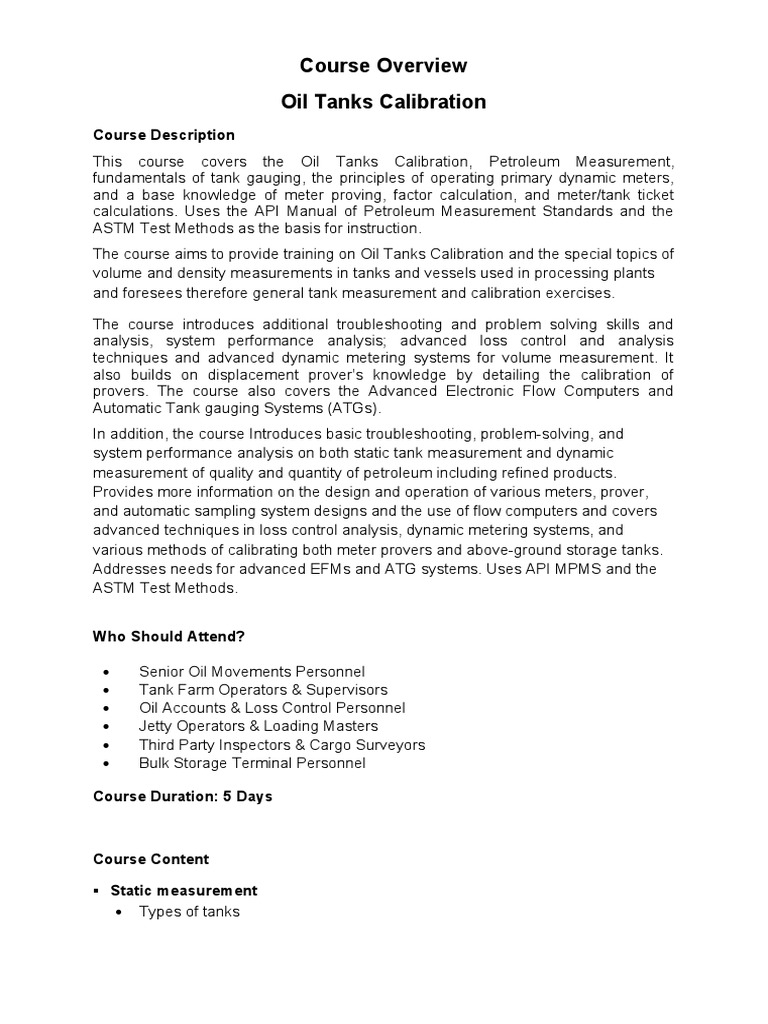 Oil Tanks Calibration Course Overview | PDF | Calibration | Petroleum