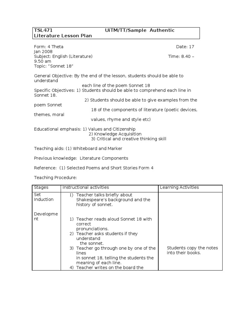 Literature Lesson Plan: Sonnet 18 | PDF