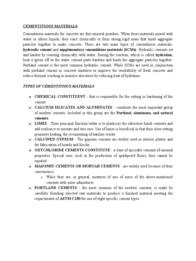 Types of Cementitious Materials | PDF | Cement | Lime (Material)
