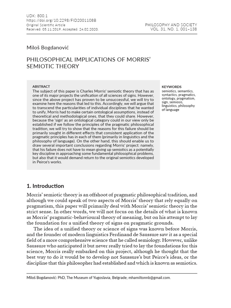 Philosophical Implications of Morris' Semiotic Theory: Miloš Bogdanović ...