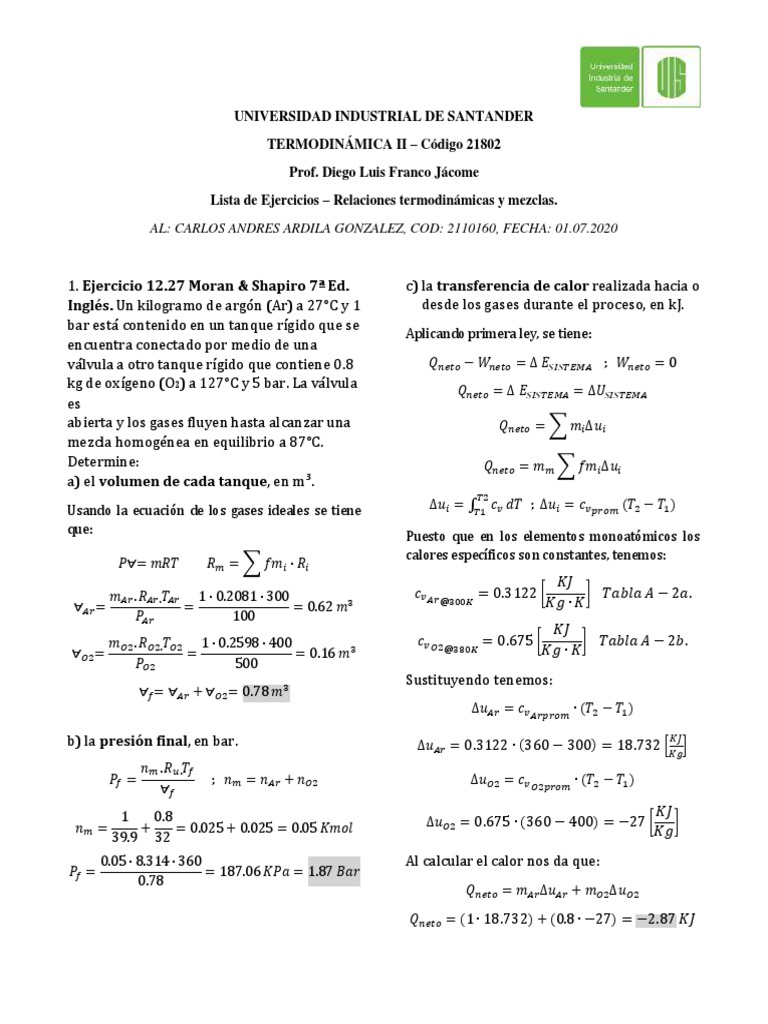 Taller Termo2 01 PDF | PDF | Gases | Calor
