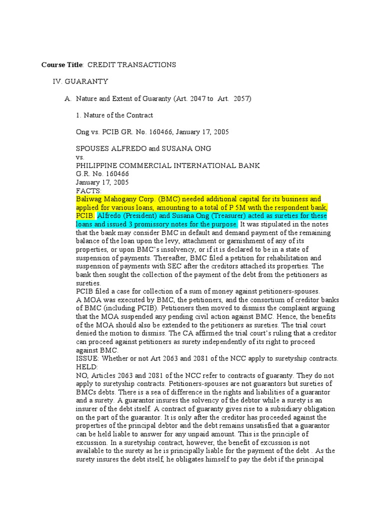 CREDIT TRANS - Syllabus-Guaranty-Surety - With Cases | PDF | Surety | Guarantee