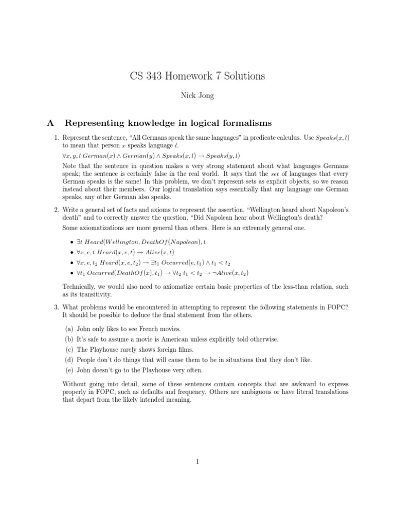 CS 343 Homework Solutions - Logical Representations and Reasoning | PDF ...