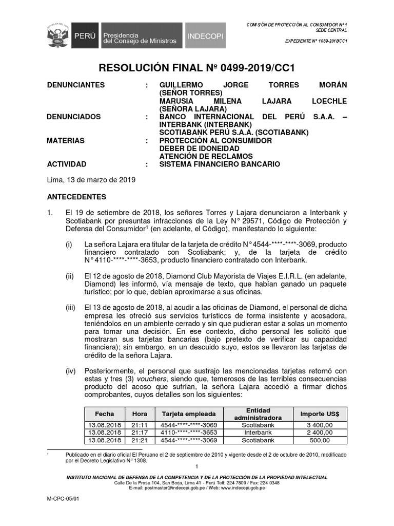Resolución Final #0499-2019/CC1 | PDF | Tarjeta de débito | Tarjeta de crédito