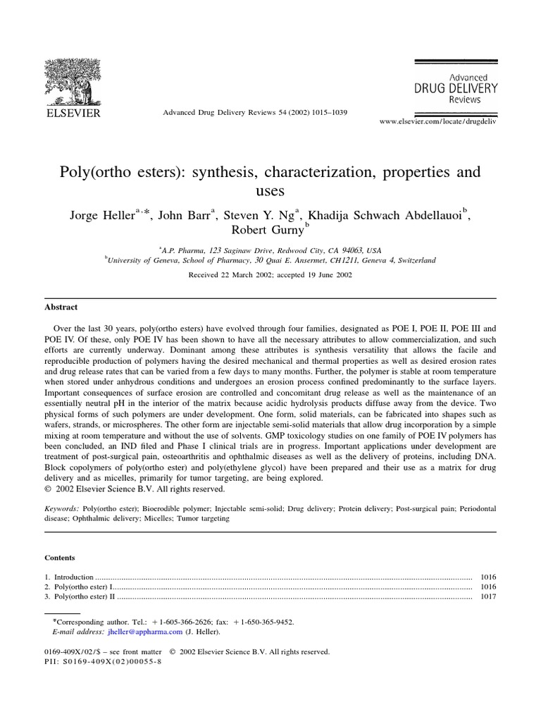 P Oly (Ortho Esters) : Synthesis, Characterization, Properties and Uses ...