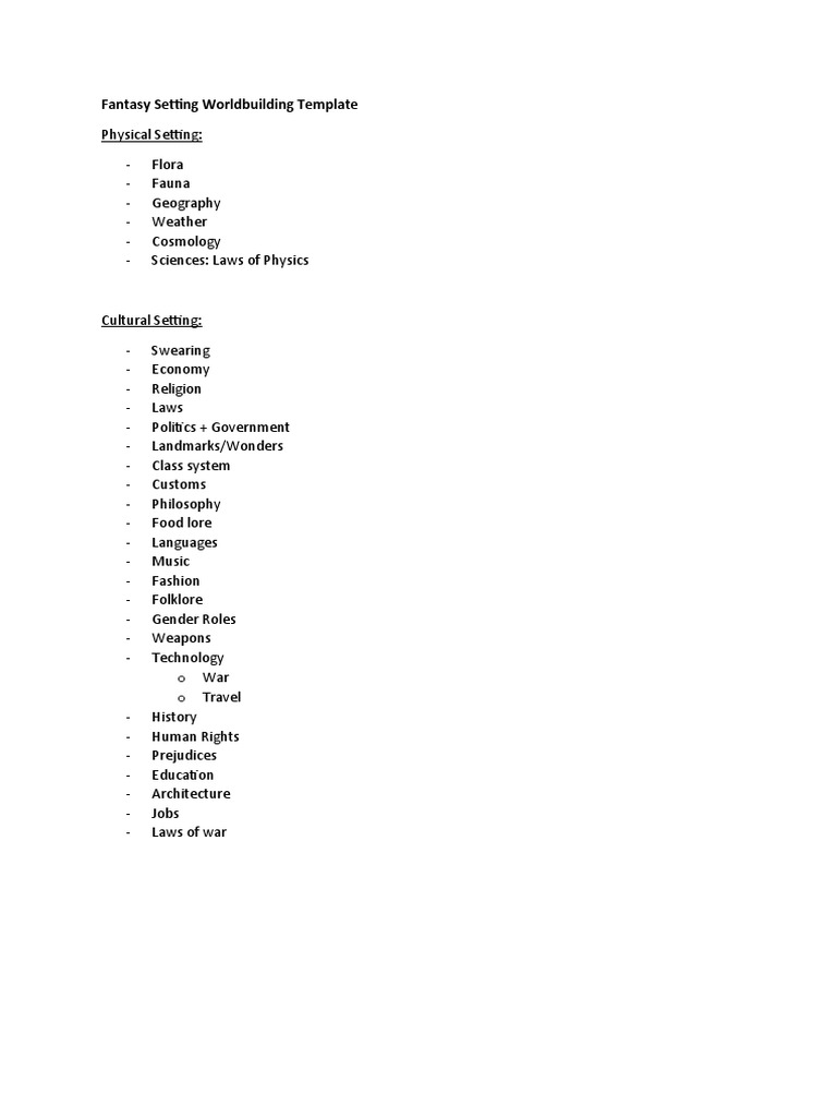 Fantasy Setting Worldbuilding Template | PDF
