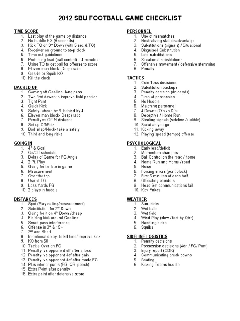 2012 Sbu Football Game Checklist: Time Score Personnel | PDF | National ...