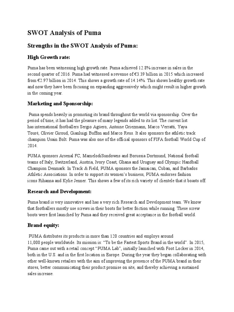 Strengths in The SWOT Analysis of Puma | PDF | Adidas | Competition