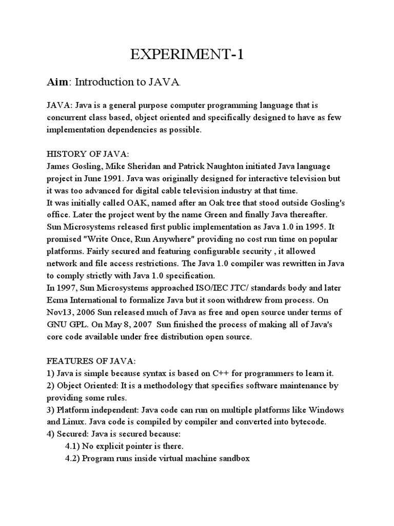 Experiment-1: : Introduction To JAVA | PDF | Java Virtual Machine ...