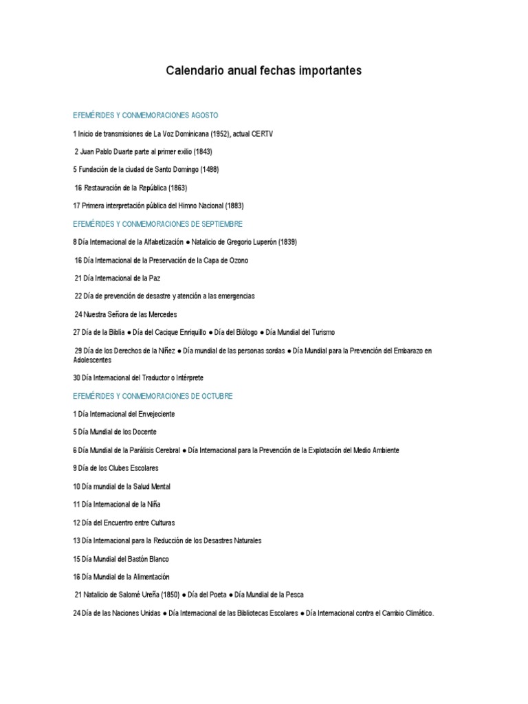 Calendario Anual Fechas Importantes | PDF | República Dominicana ...