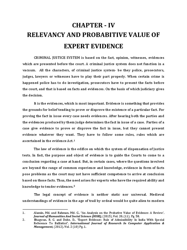 Chapter - Iv Relevancy and Probabitive Value of R Expe T Evidence | PDF ...