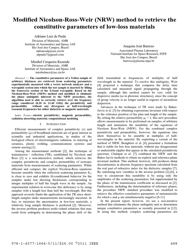 Modified Nicolson-Ross-Weir (NRW) Method To Retrieve The Constitutive ...