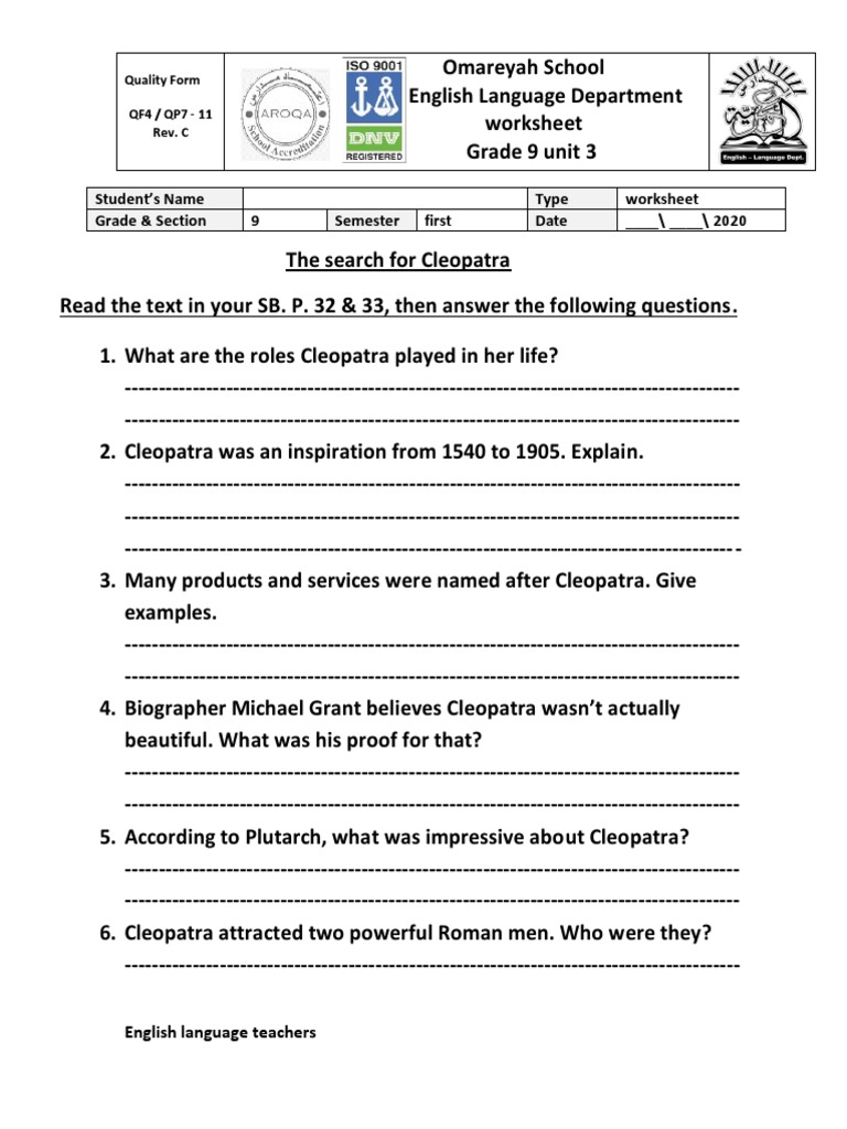 Comp Worksheet U | PDF | Cleopatra