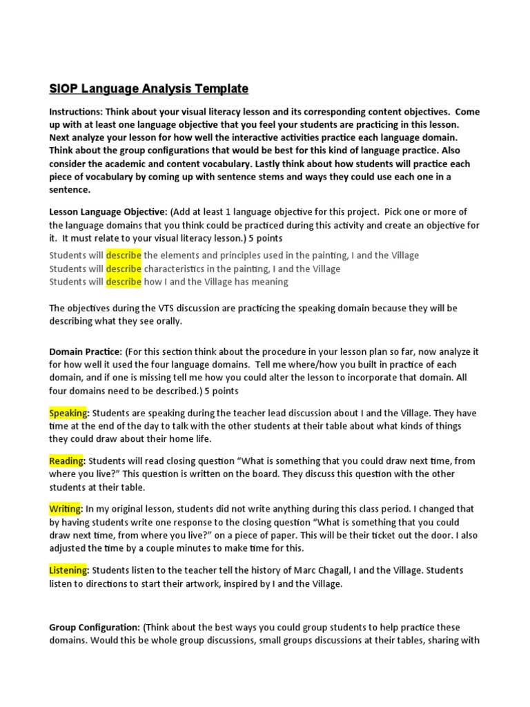 Siop Language Analysis Template Fall 2020 | PDF | Vocabulary | Question