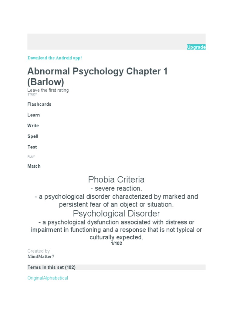 Abnormal Psychology Chapter 1 (Barlow) : Phobia Criteria | PDF ...