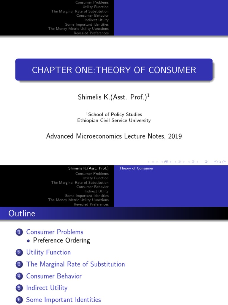 Chapter One:Theory of Consumer: Shimelis K. (Asst. Prof.) | PDF | Utility | Demand