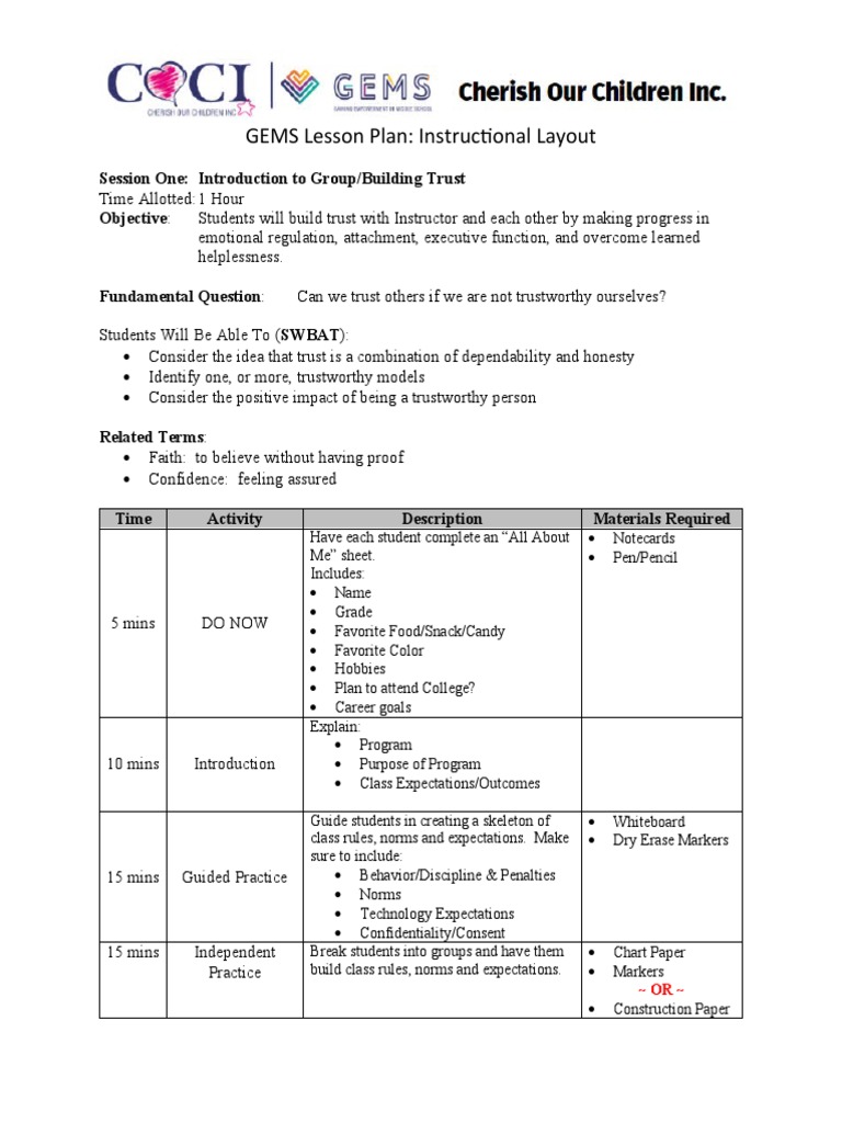 GEMS Lesson Plan: Instructional Layout: Session One: Introduction To ...